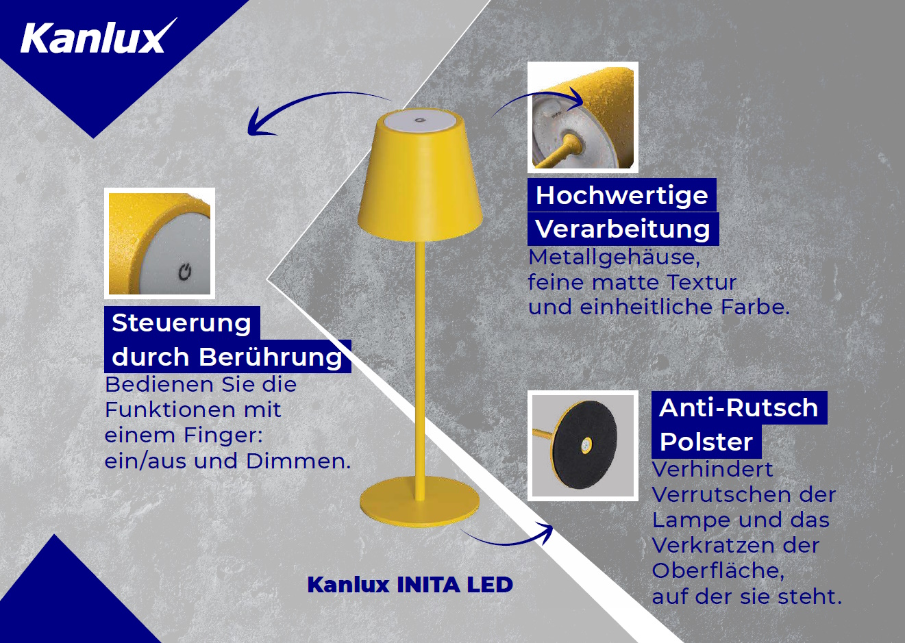 Kanlux 36323 INITA LED Akku Tischleuchte dimmbar Gelb IP54